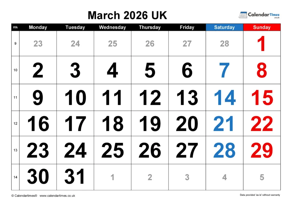 March 2026 Calendar UK - Free Printable PDF/Word/Excel