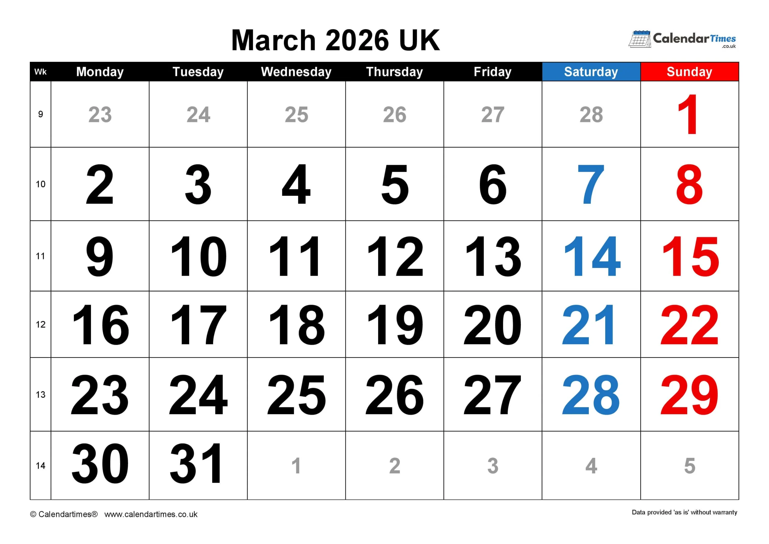 March 2026 Calendar UK - Free Printable PDF/Word/Excel